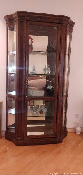 Oak-Tone Wood Curio Cabinet, Mirrored Back | Maxsold