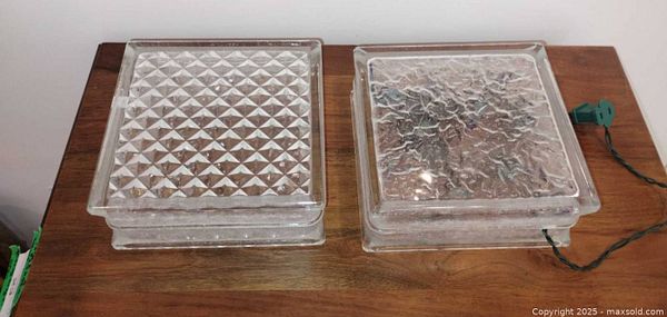 Pair of clear illuminated glass block lights | Maxsold