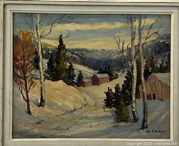 Original oil on board winter landscape painting signed Eola Sutherland ...