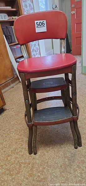 Red kitchen chair step stool combo | Maxsold