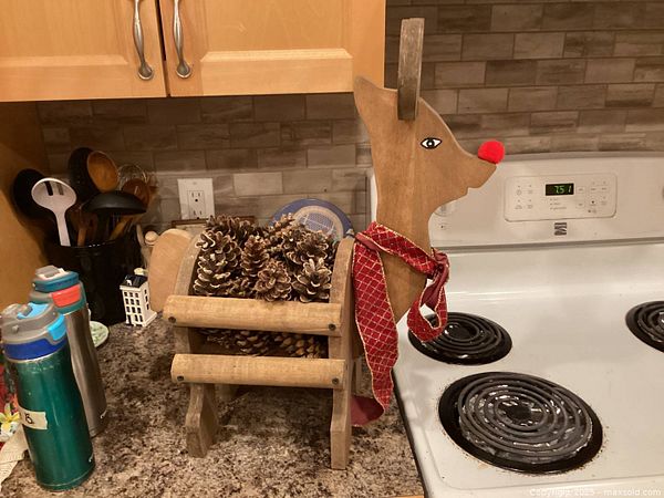 Wood Reindeer Decoration With Pine Cones | Maxsold