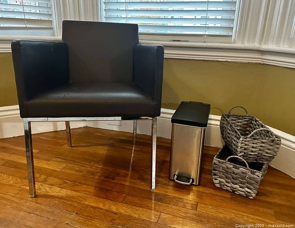 Soho Concept armchair, Simplehuman trash can, two gray vinyl woven ...