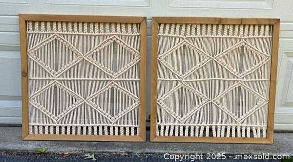 Four handmade framed macrame wall art | Maxsold