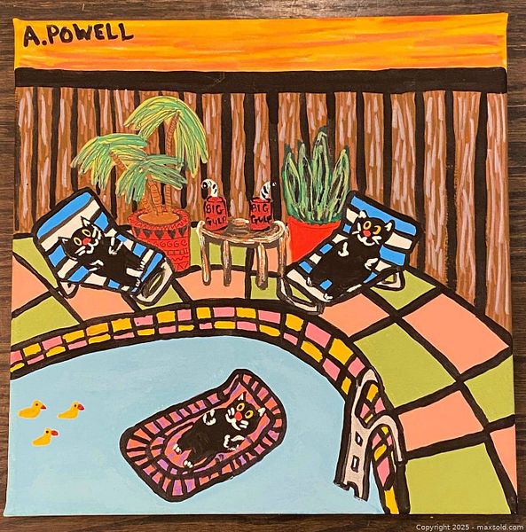 Alexandra Powell 12x12 acrylic cat pool painting | Maxsold