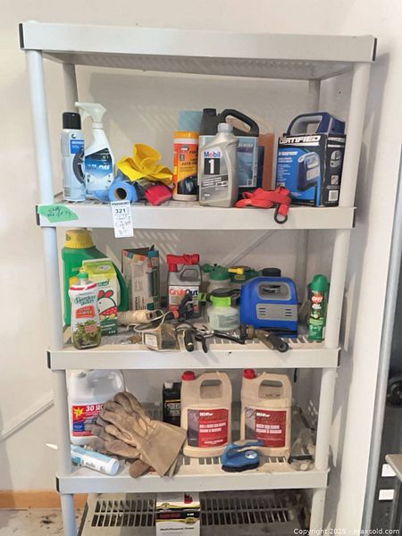 Resin utility shelf with automotive, gardening and maintenance supplies ...