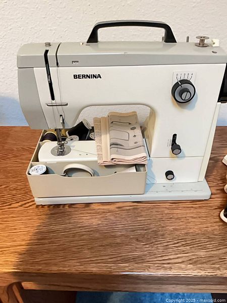 Bernina 800 sewing machine with oak desk and lamp | Maxsold