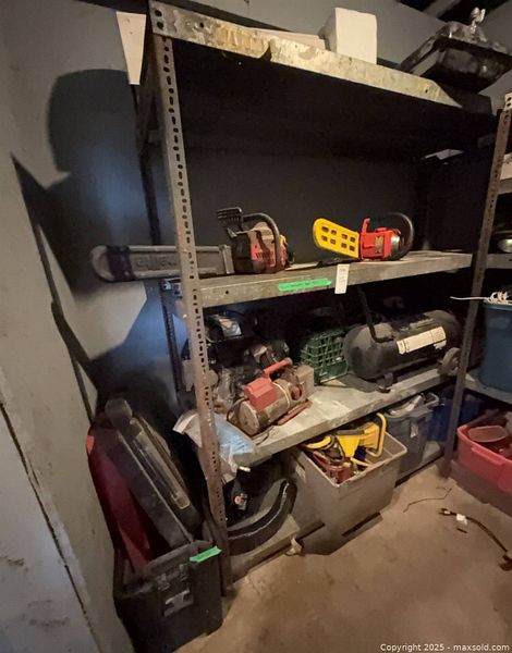 Homelite Ranger chainsaw, 30 L air compressor, hoses, bins, assorted ...
