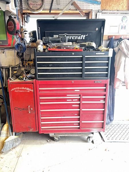 Mastercraft rolling red tool chest with black top box and assorted hand ...
