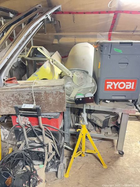 Ryobi compound miter saw, stand and tool boxes | Maxsold