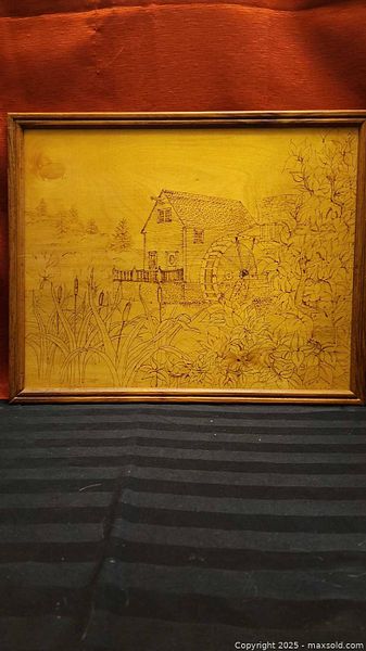 Wood burn folk art picture of old mill | Maxsold