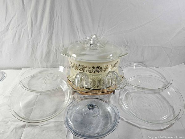 Pyrex Golden Grapes Casserole, Pie Plates, Glass Juicers | Maxsold