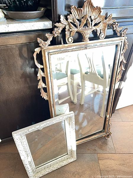 Pair wall mirrors: gilt ornate & white distressed | Maxsold