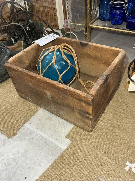Wood Crate And Blue Glass Fishing Float | Maxsold
