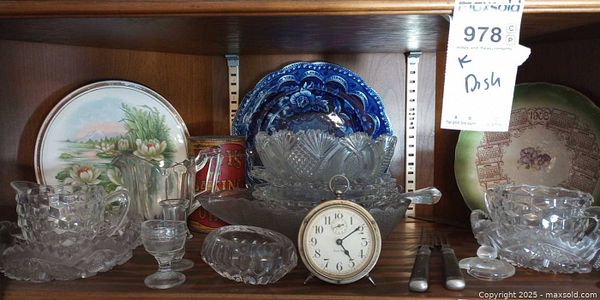 Early 20th-C glassware, porcelain plates & alarm clock, 15 pcs | Maxsold