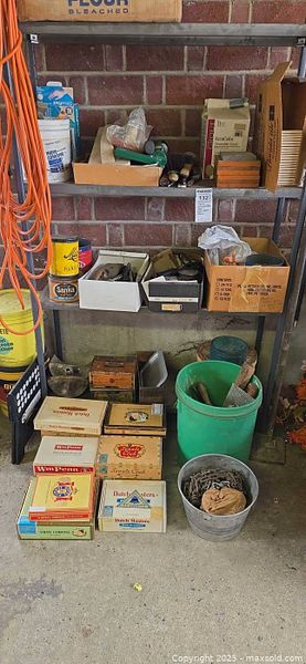 Mixed garage contents cigar boxes hand tools hardware | Maxsold