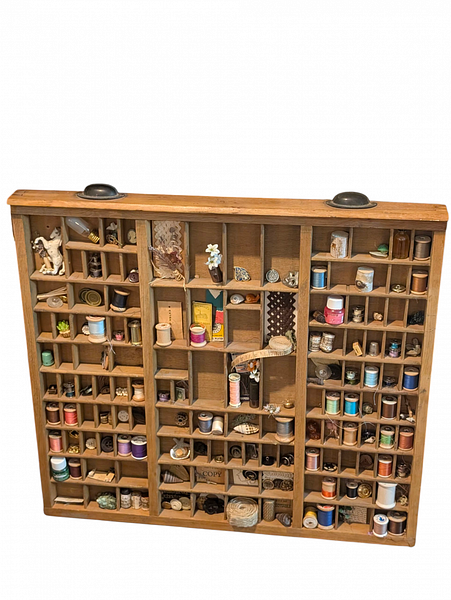 Vintage printer drawer shadow box with spools & trinkets | Maxsold