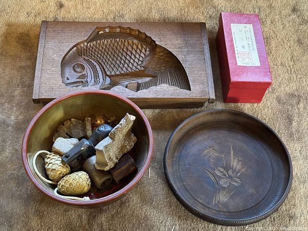 Kokeshi doll, fish kashigata mould, Soviet ceramic bowl, wooden tray ...