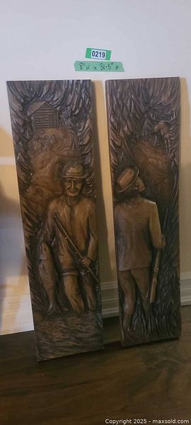Pair of carved wood relief panels by Karl Rothammer | Maxsold