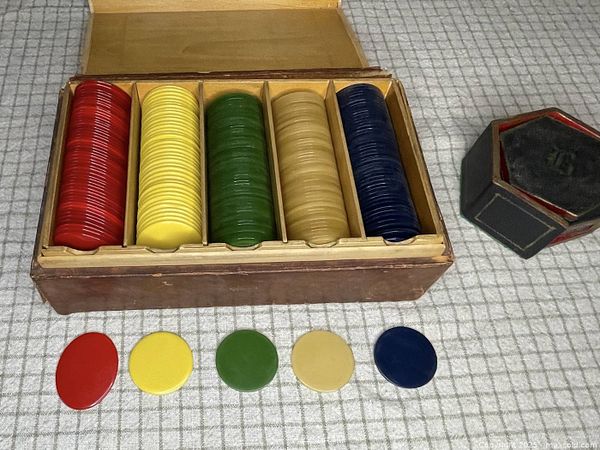 Antique Bakelite Poker Chips And Monogrammed Coasters | Maxsold