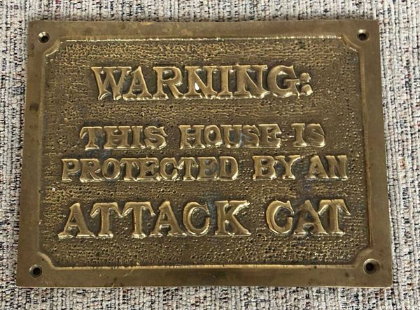 Vintage brass Attack Cat warning plaque | Maxsold