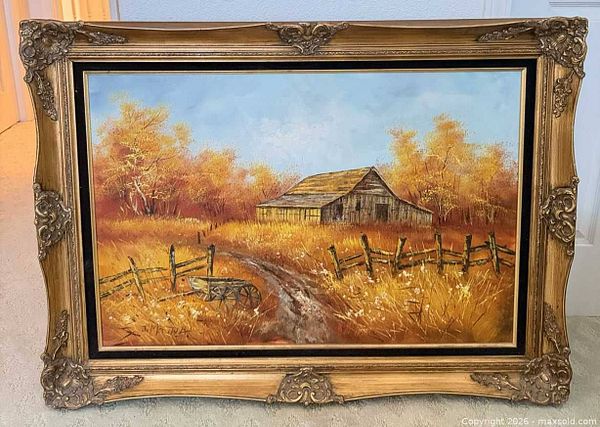 Large rustic barn autumn landscape painting | Maxsold