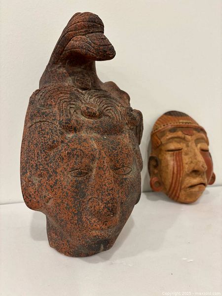 Peruvian stone head bust and clay wall mask | Maxsold