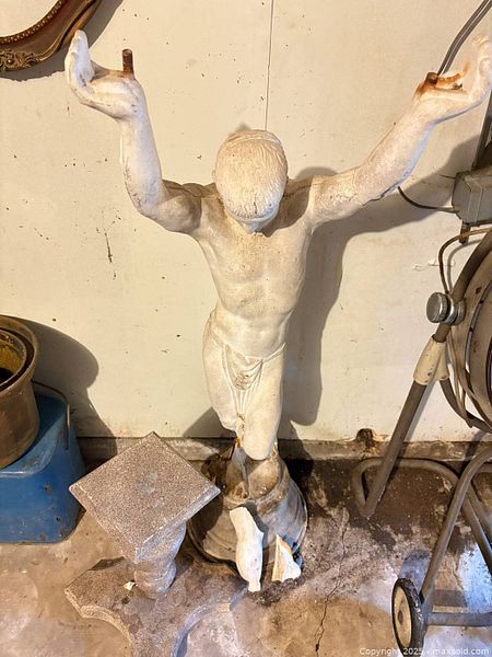 White garden statue and cement stand | Maxsold