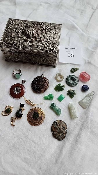 Vintage Japanese metal box with jade jewelry collection | Maxsold