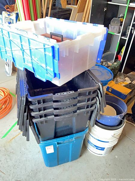 Stackable plastic totes, five 5-gal buckets, assorted tubs | Maxsold