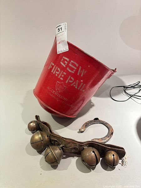 ESW red metal fire pail, sleigh bell strap, horseshoe | Maxsold