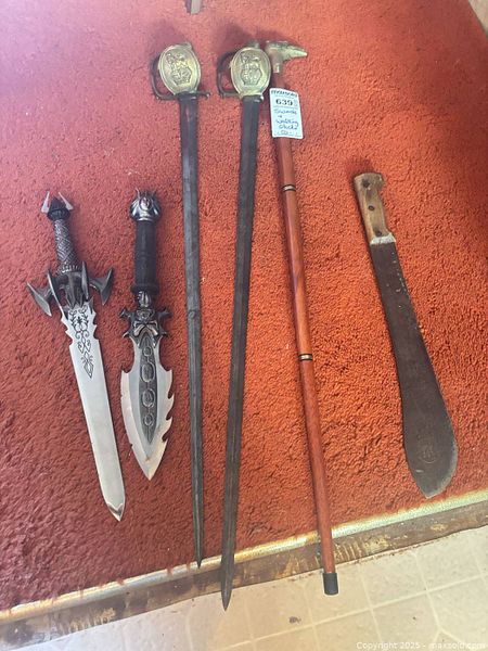 Ornate Engraved Ceremonial Swords, Decorative Cane with Cast Brass ...