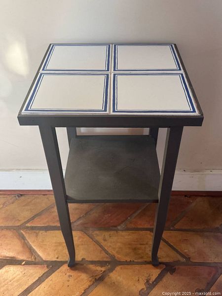Vintage taupe painted wood side table with blue-trimmed ceramic tile ...