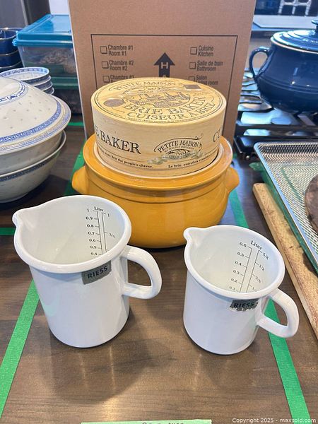 Emile Henry covered baker, two Riess enamel measuring jugs, Cuiser Brie ...
