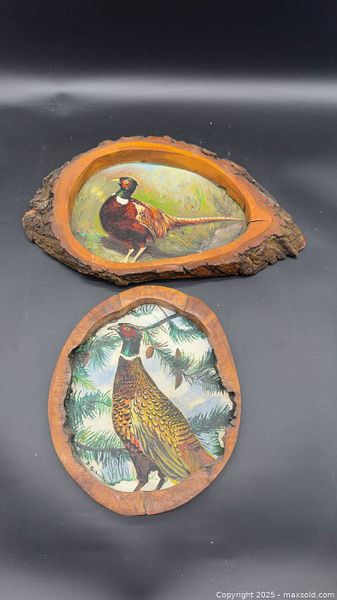 Pheasant paintings on wood slabs signed 1975 | Maxsold