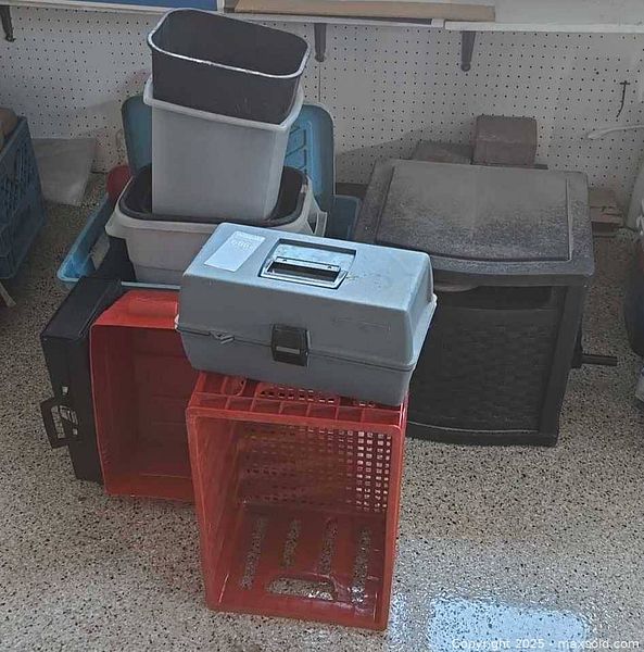 Plastic storage bins, milk crate, hose reel box, toolbox | Maxsold