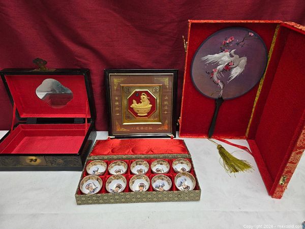 Boxed set of 10 Chinese porcelain cups and embroidered round fan | Maxsold