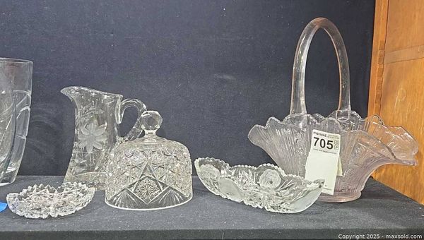 Pressed glass basket, floral pitcher and cut glass pieces | Maxsold