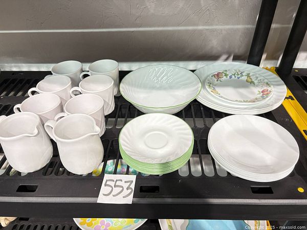 Corelle ceramic dinnerware assortment white, green rim & floral | Maxsold