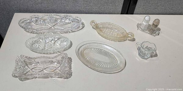 Assorted pressed glass serving dishes, creamer, salt & pepper | Maxsold