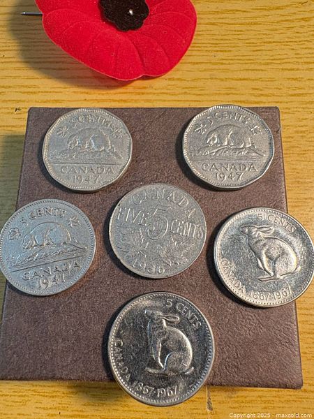 Canadian 5-cent coins 1936-1967, 6 pcs | Maxsold