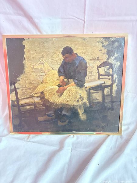 Framed oil genre painting of man shearing sheep | Maxsold