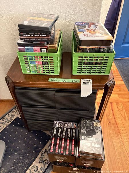 VHS movie collection with storage crates and drawer | Maxsold