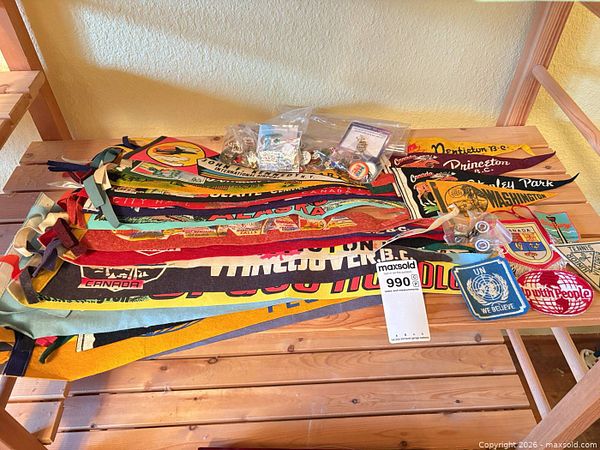 Vintage travel felt pennants, pins & cowbells lot | Maxsold