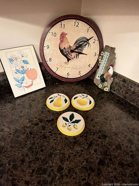 Rustic rooster wall clock, thermometer, 3 fruit plaques, trivet | Maxsold