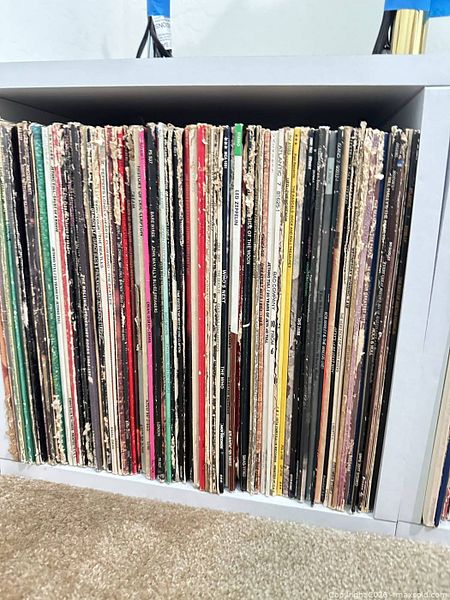 Approx 75 classic-rock vinyl LPs with white storage cube | Maxsold
