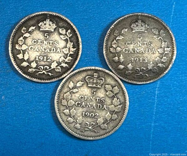 1902, 1912, 1913 Canada 5¢ sterling coins x3 | Maxsold