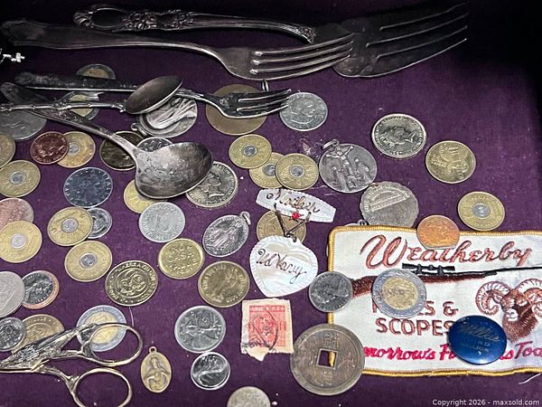Silverware chest with coins and misc items | Maxsold