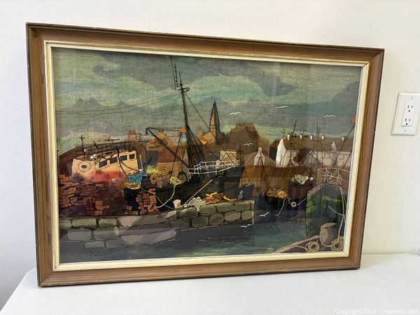 Liz Duncan signed mixed media harbour scene framed artwork | Maxsold