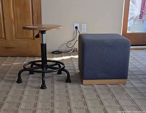 Adjustable Wood Seat Drafting Stool & Gray Ottoman | Maxsold