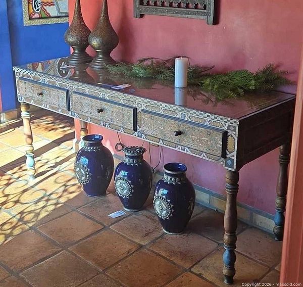 Hand-painted Moroccan-style wood console table with glass top | Maxsold